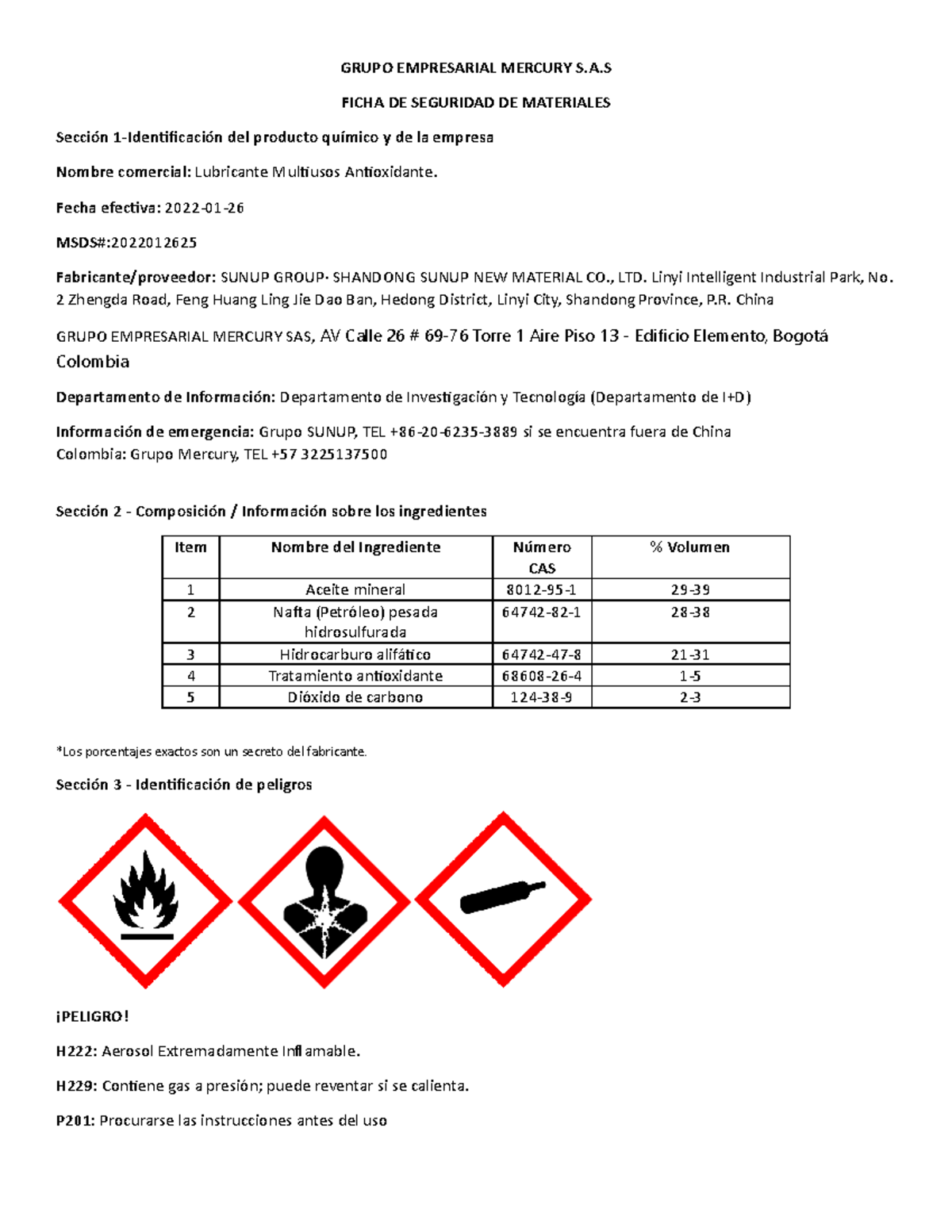 Ficha de Seguridad - Lubricante Multiusos Antioxidante (MSDS #2022012625) - Studocu