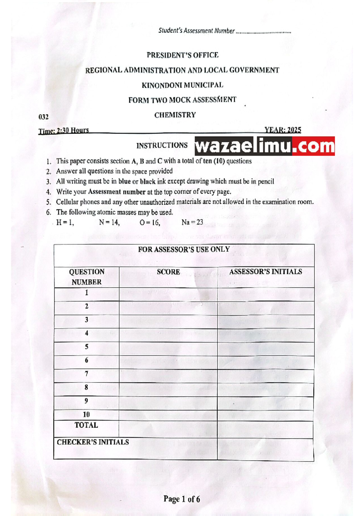 Chemistry FORM II MOCK ASSESSMENT 032 KMC 2025 - Waza Elimu - Studocu