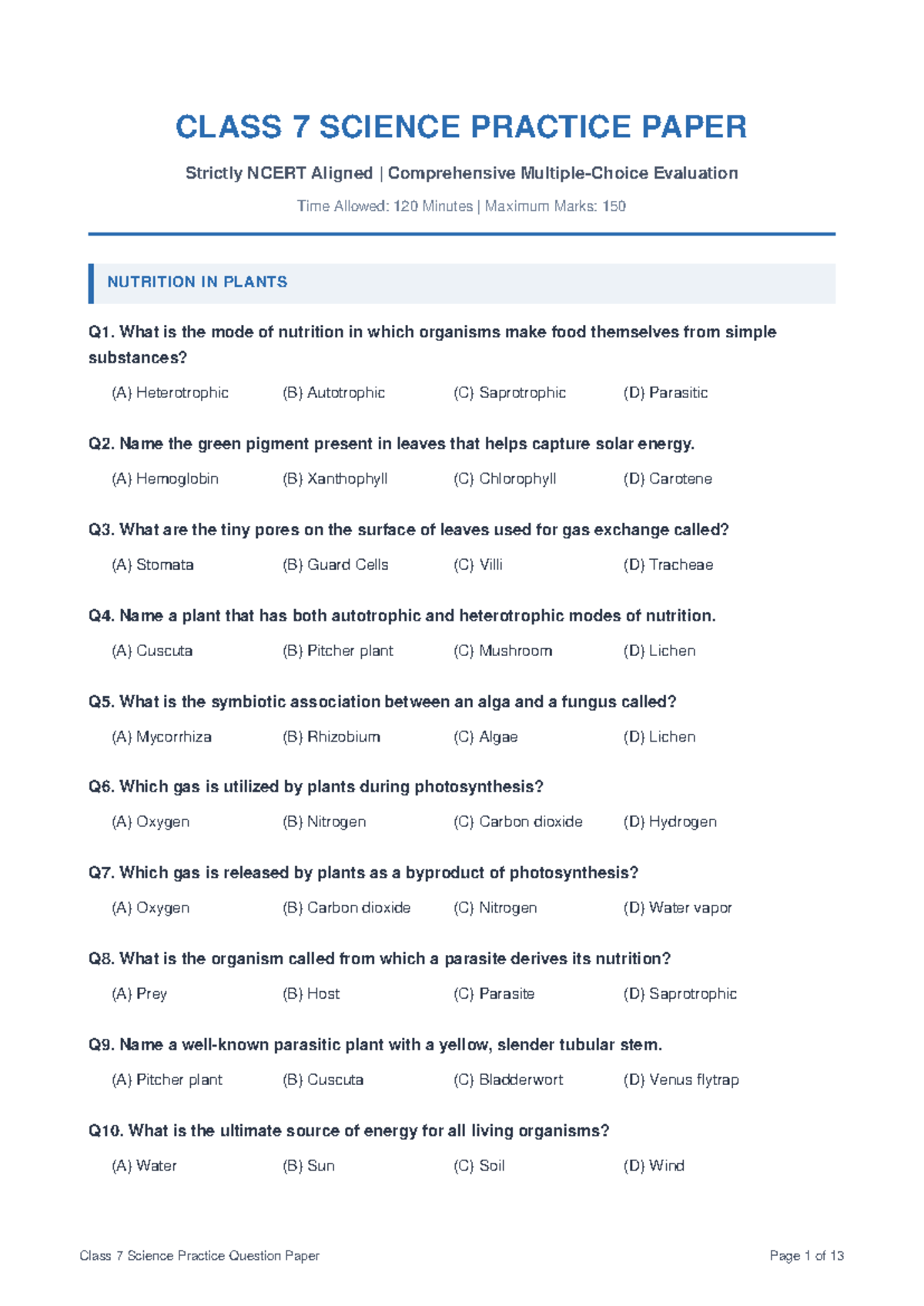 CLASS 7 SCIENCE PRACTICE PAPER - NCERT ALIGNED EVALUATION - Studocu
