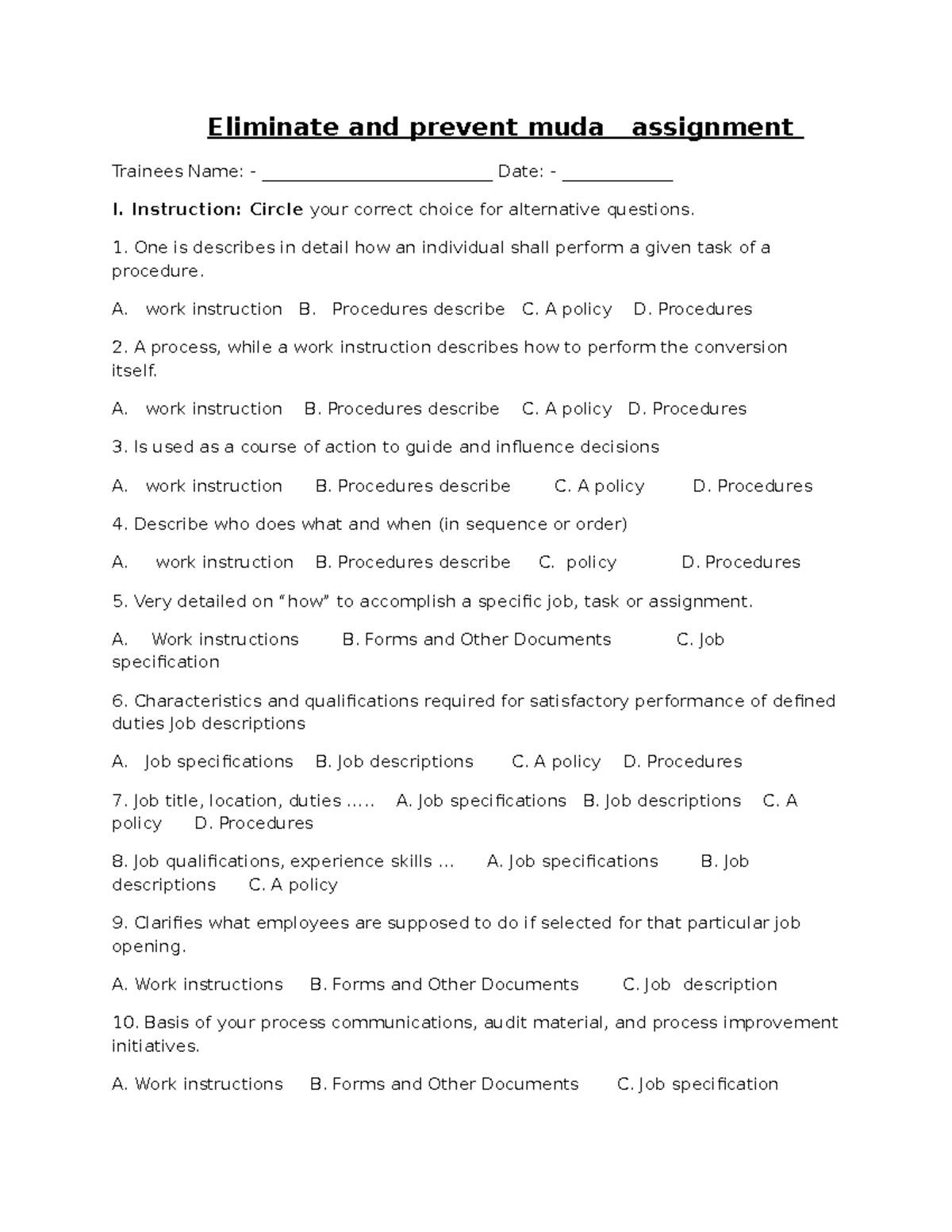 Assigment pervent muda - Eliminate and prevent muda assignment Trainees ...