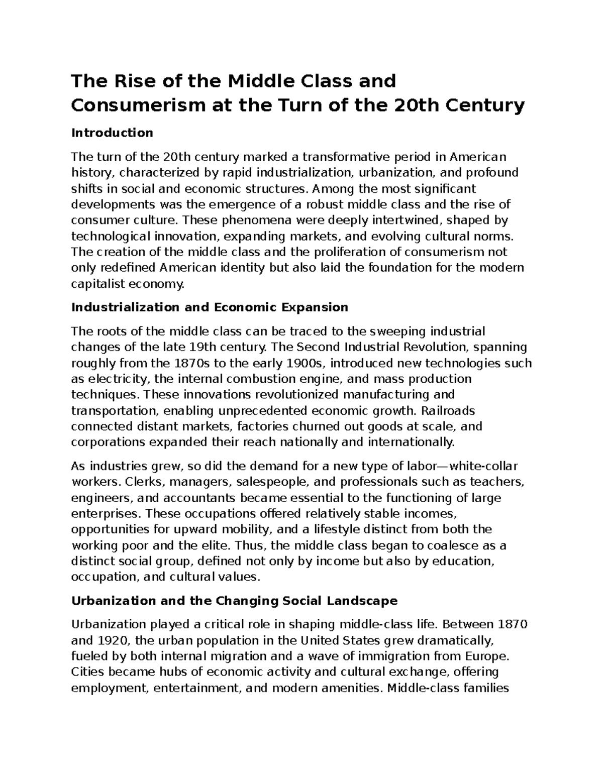 The Rise of the Middle Class & Consumerism - HIST 101 Essay Notes - Studocu