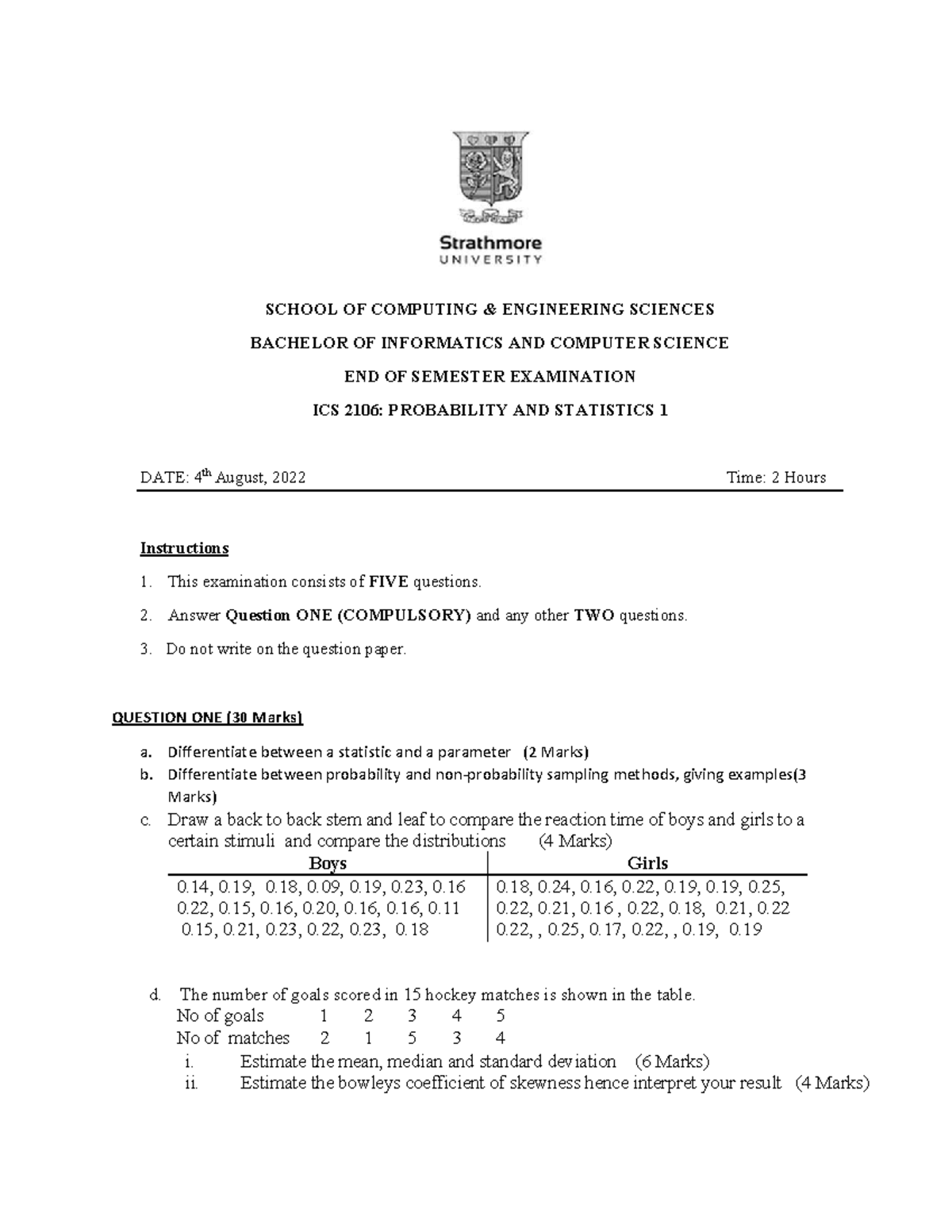 ICS 2106: End of Semester Exam - Probability and Statistics 1 - Studocu