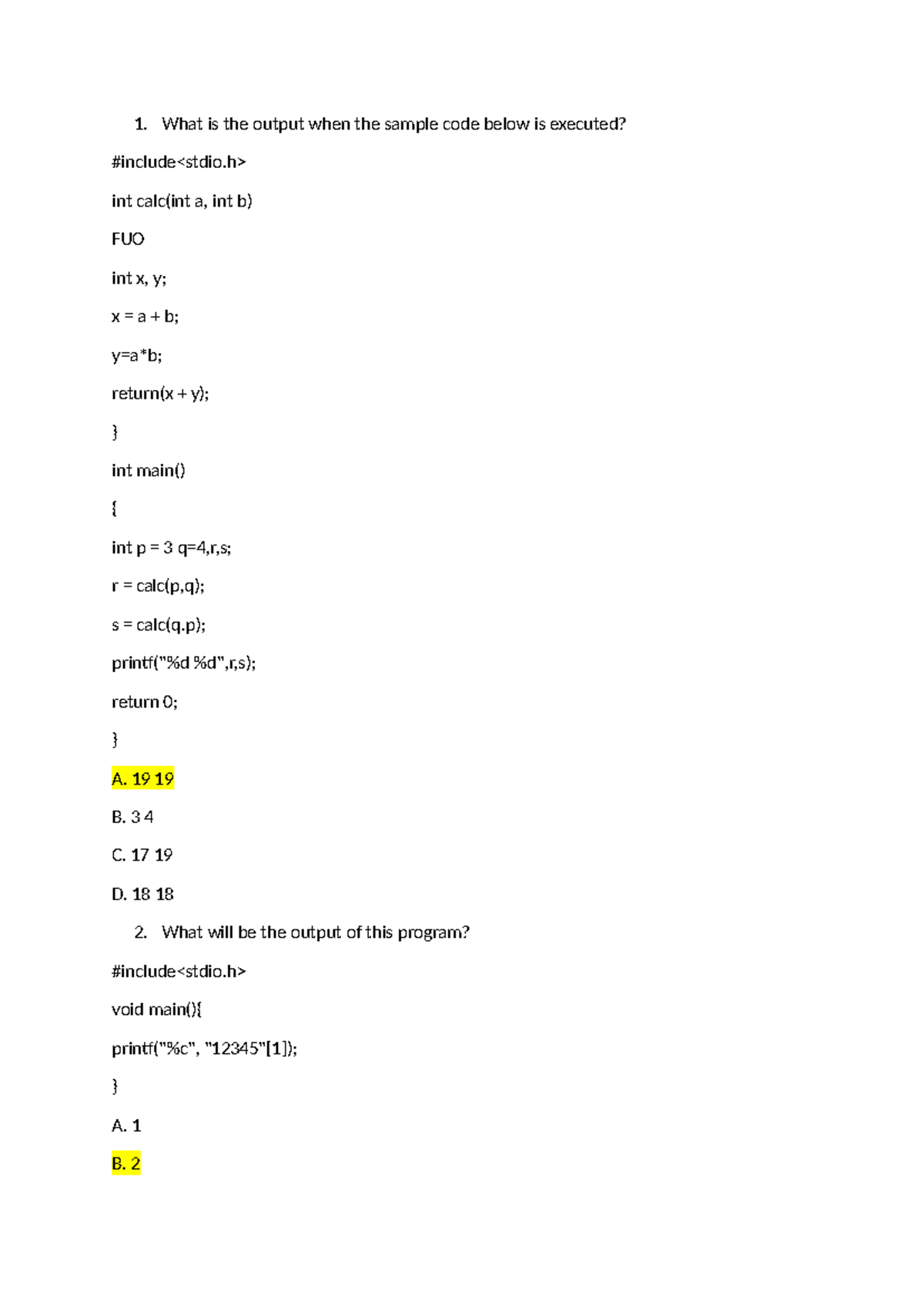 Đề 16 - C Programming Sample Questions and Outputs - Studocu