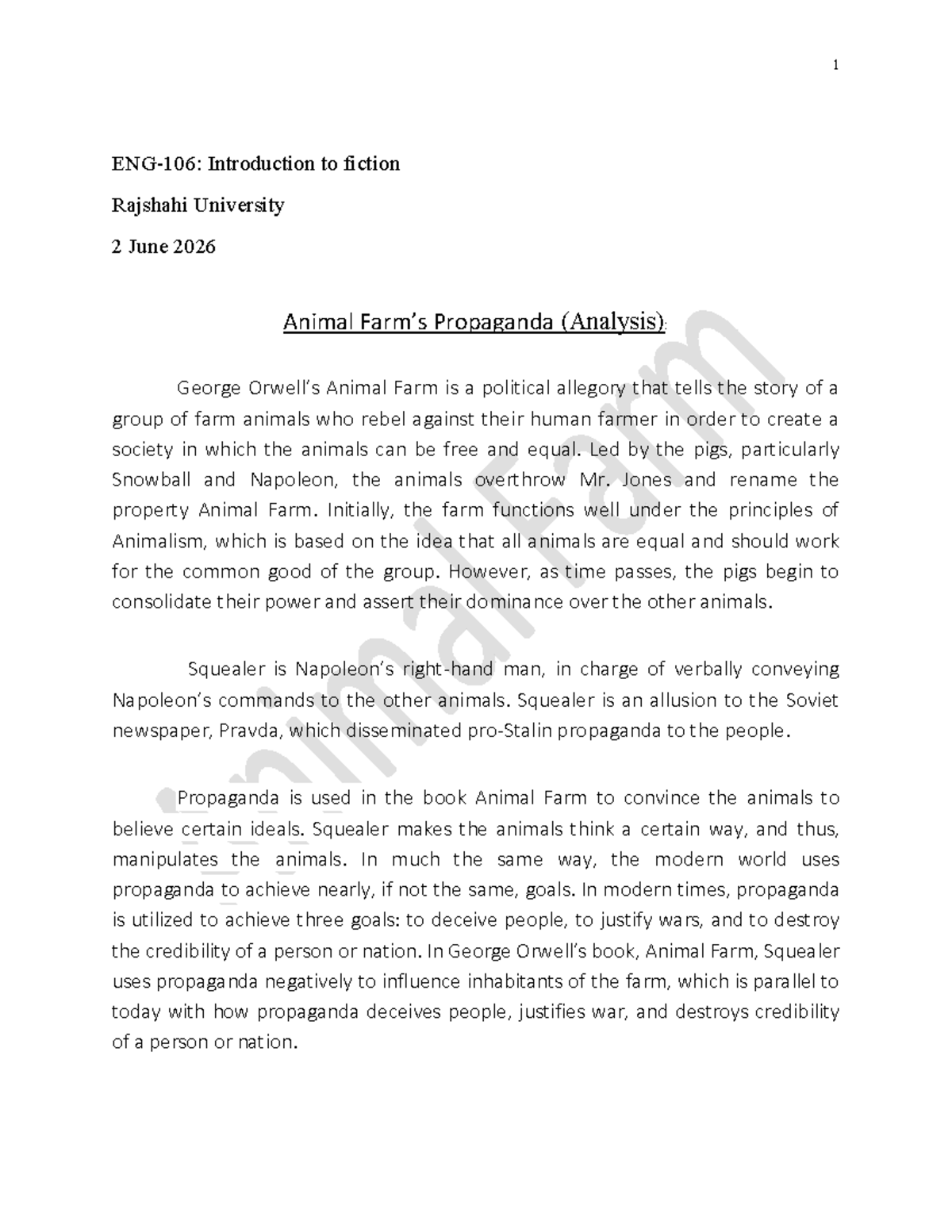 ANALYSIS OF PROPAGANDA IN ANIMAL FARM (ENG 101) - Studocu