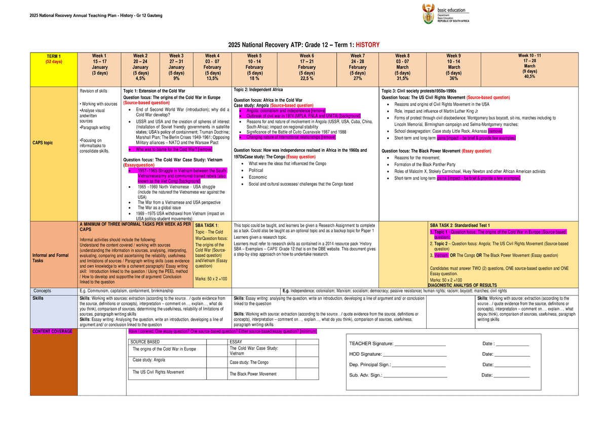 2025 National Recovery ATP & POA: History Gr 12 Teaching Plan - Studocu