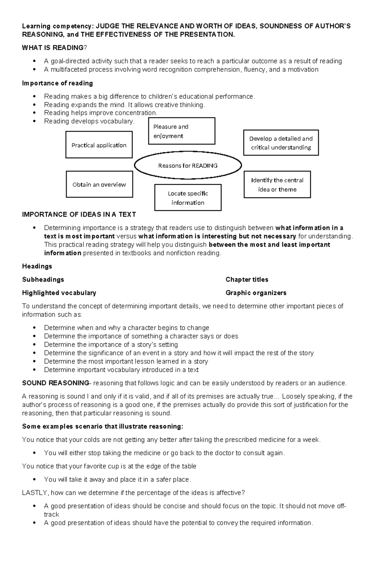 Grade 9 Week 1 Reading Strategies & Importance Guide - Studocu