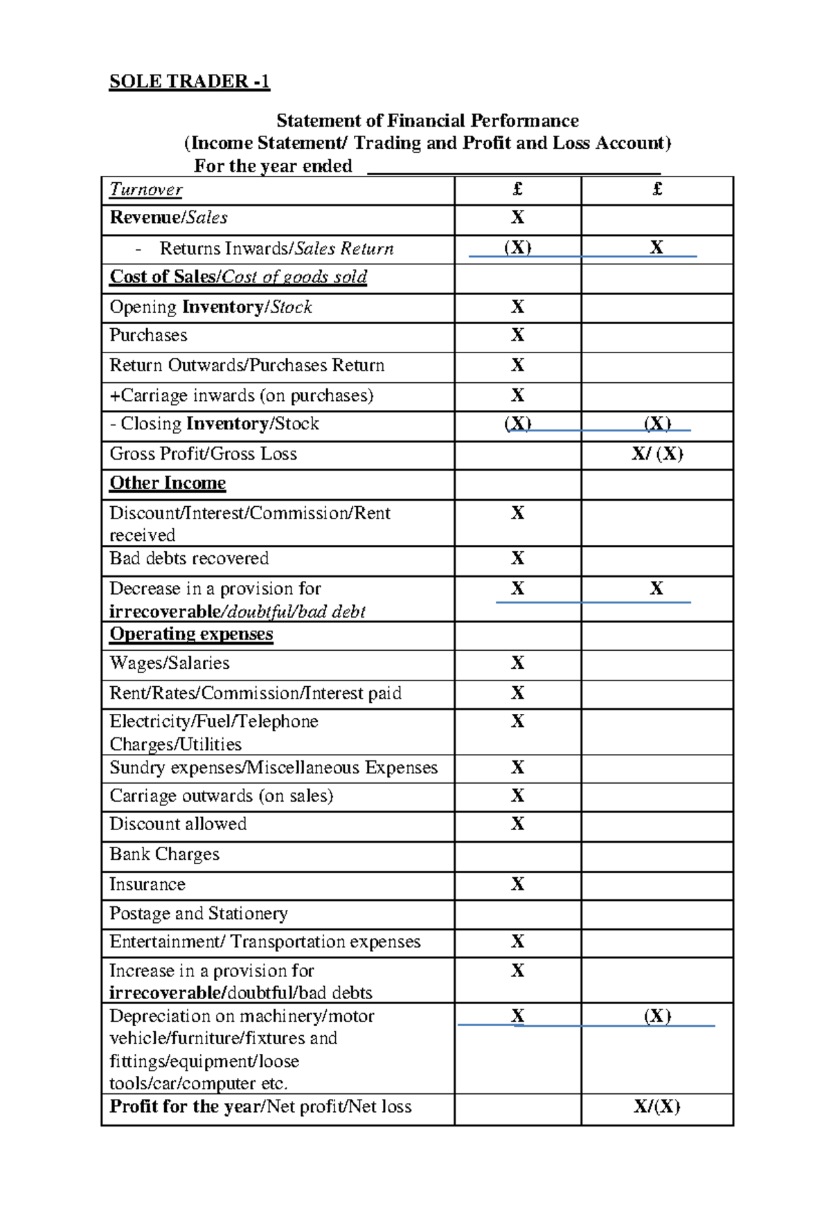 SOLE TRADER Financial Performance & Position Statement Formats (ACCT101 ...