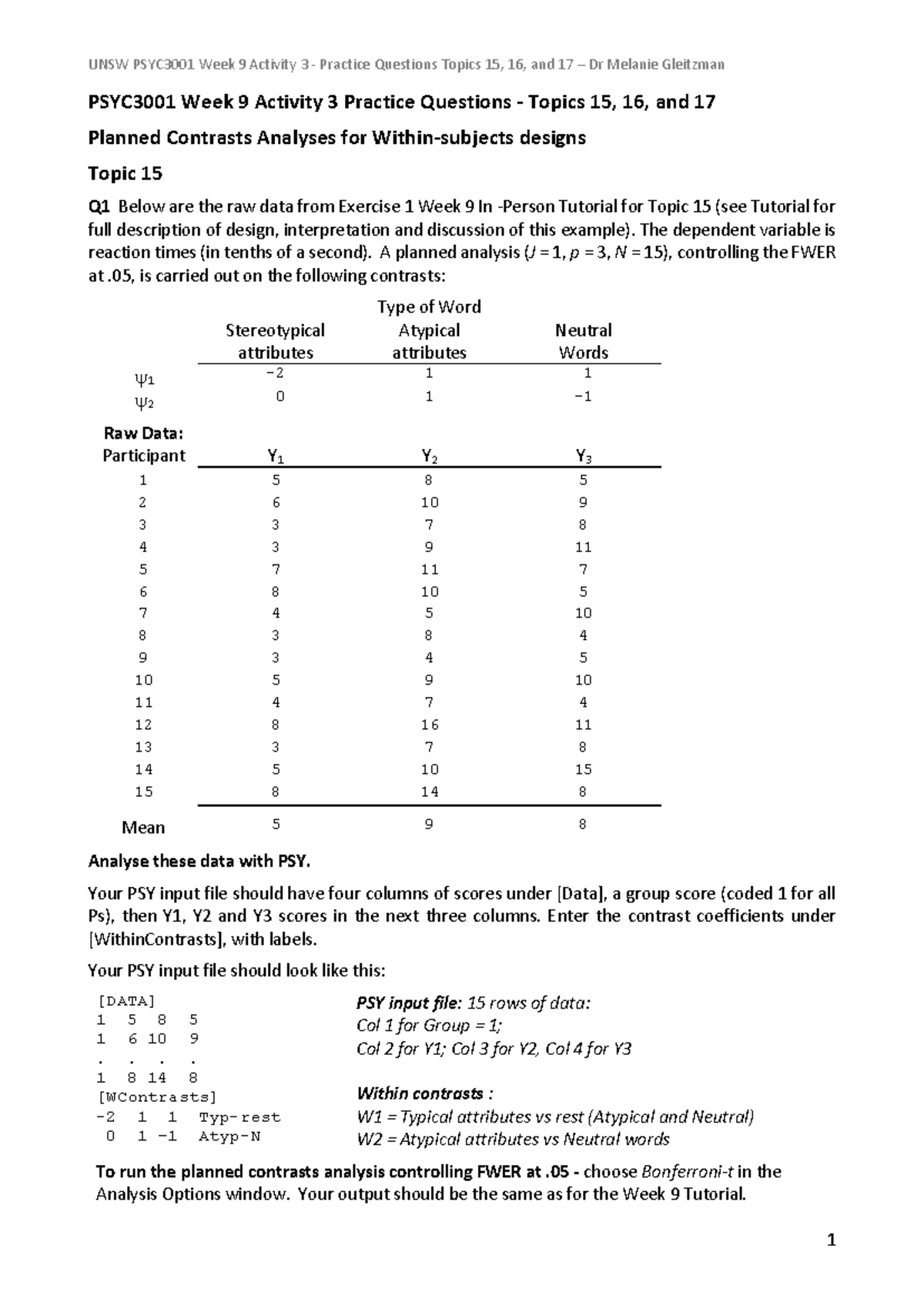 PSYC3001 Week 9 Activity 3 Practice Questions on Topics 15, 16, and 17 ...