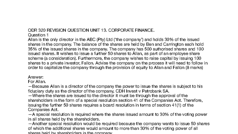 ODR 320 Revision Questions: Unit 13 - Corporate Finance Insights - Studocu