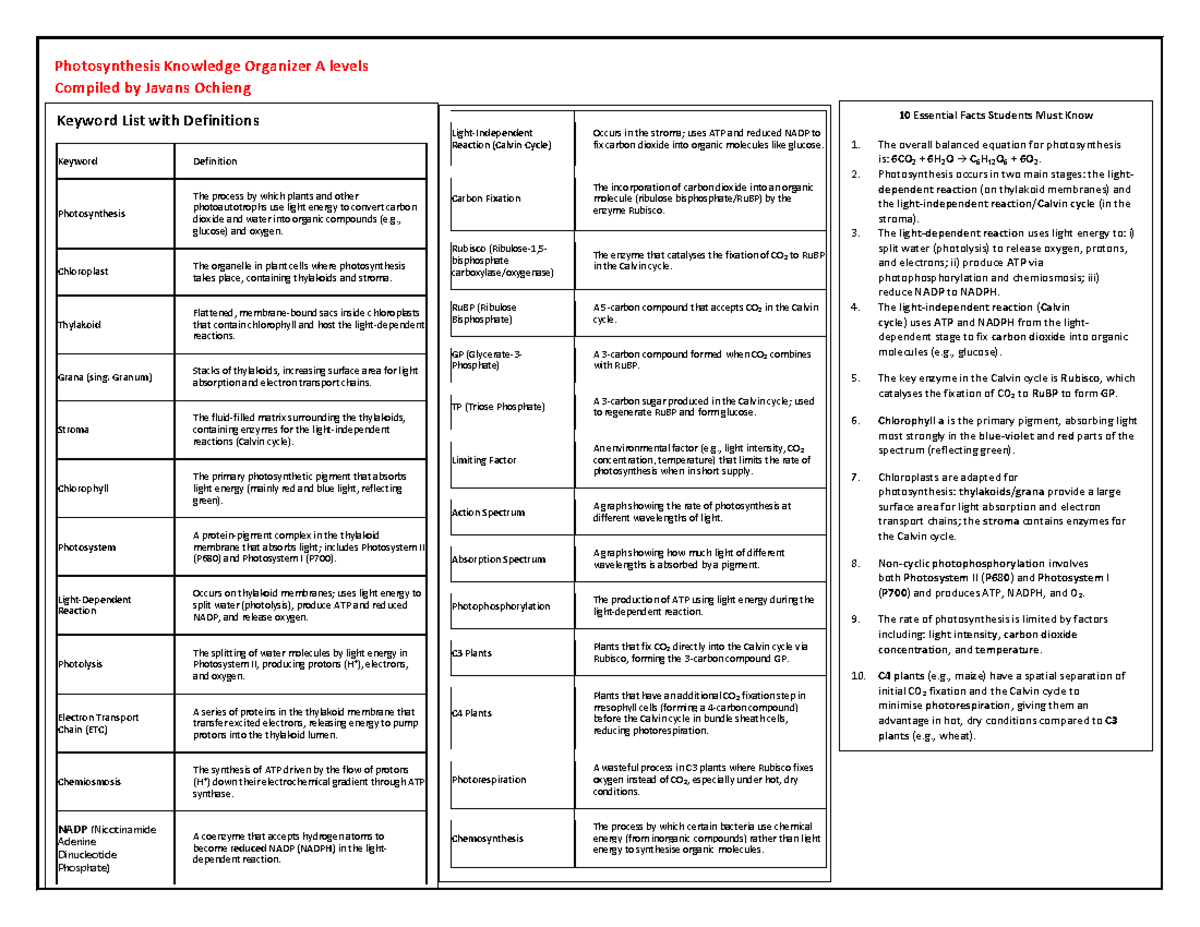Photosynthesis Knowledge Organizer A Level Study Guide - Studocu