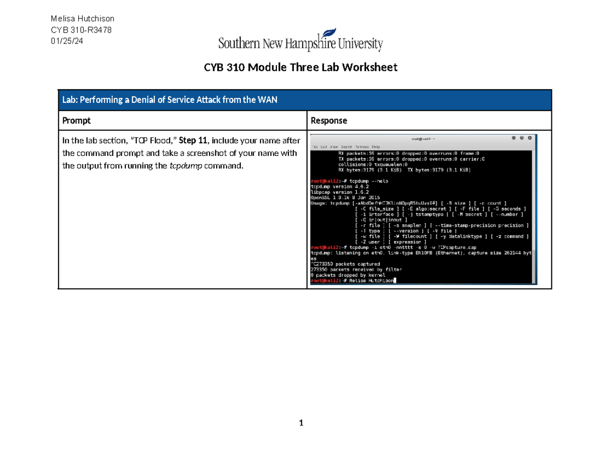 CYB 310 Module Three Lab - CYB 310-R 01/25/ Lab: Performing a Denial of Service Attack from the ...