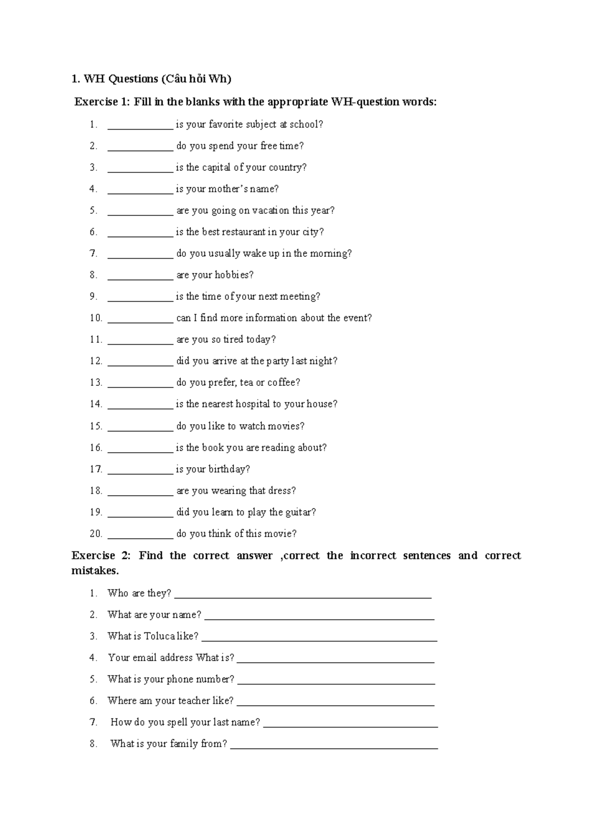 WH Questions & Conjunctions Exercises (u7) - Fill in the Blanks ...