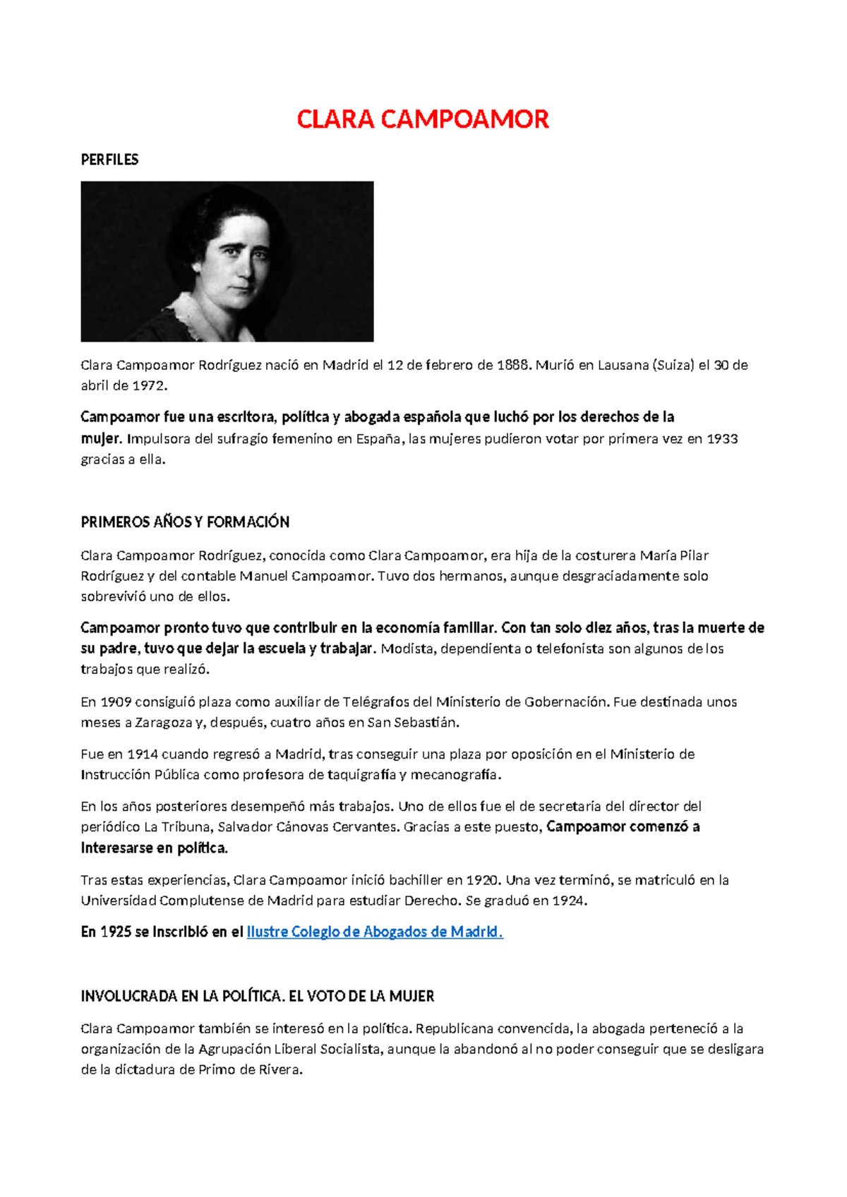CLARA CAMPOAMOR: Biografía y Lucha por el Sufragio Femenino - Studocu