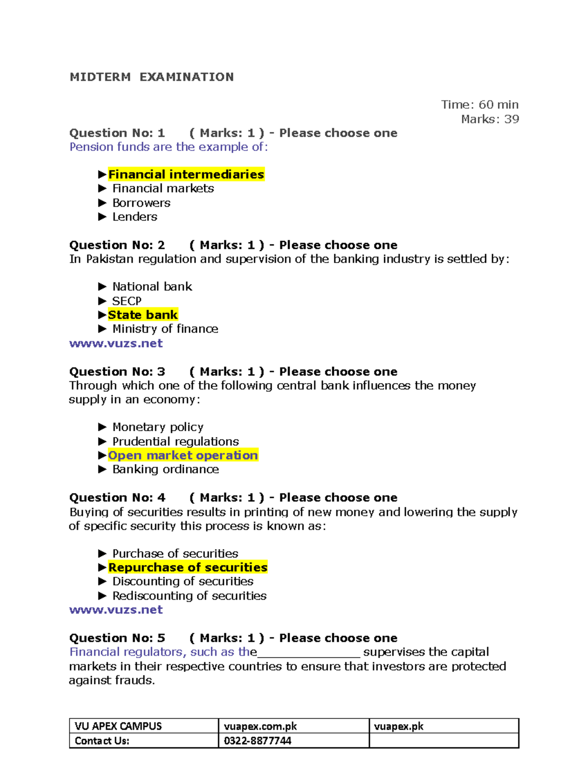 MGT 604 MIDTERM EXAM MCQs - Financial Markets & Banking Concepts - Studocu