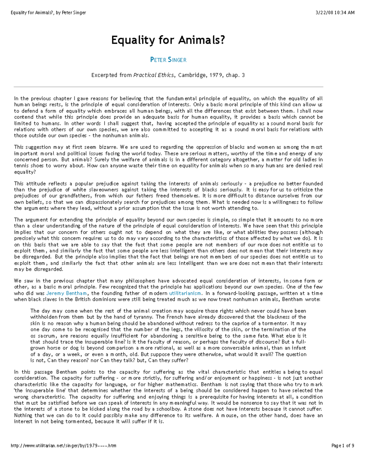 Equality for Animals? A Philosophical Examination (PETER SINGER) - Studocu