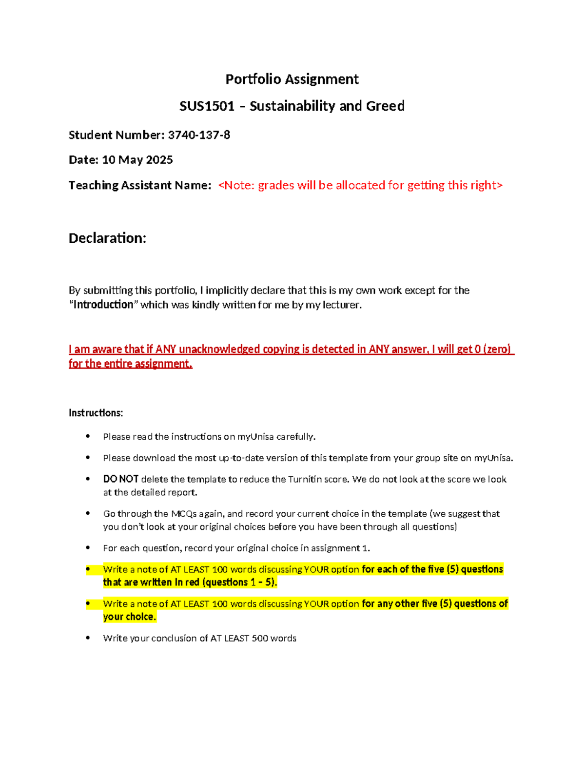 SUS1501 Portfolio Assignment: Sustainability, Ethics, and Greed ...