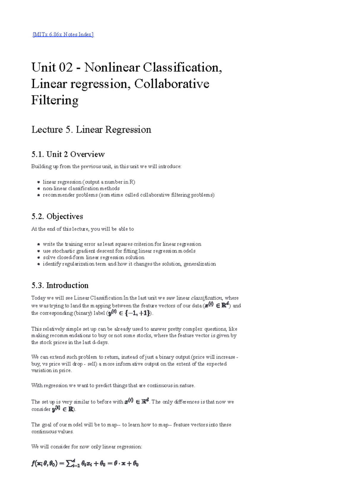 Unit 02 - Nonlinear Classification & Linear Regression Lecture Notes (6 ...