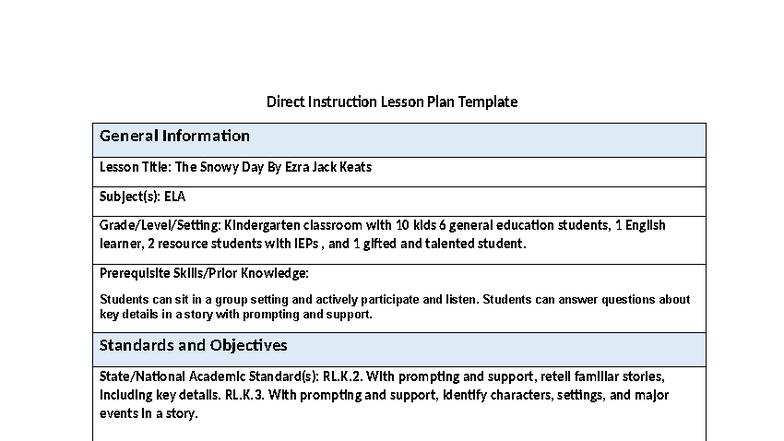 ELA K Lesson Plan: The Snowy Day by Ezra Jack Keats - Studocu