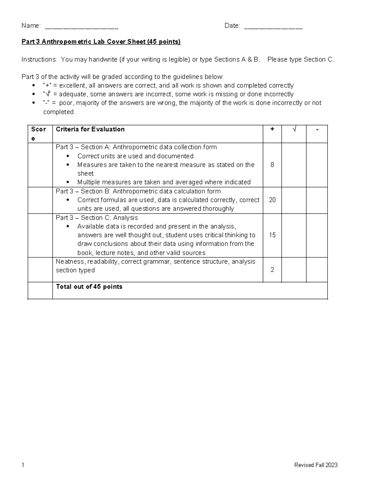 Part 3: Anthropometric Lab Evaluation Guide - Fall 2023 - Studocu