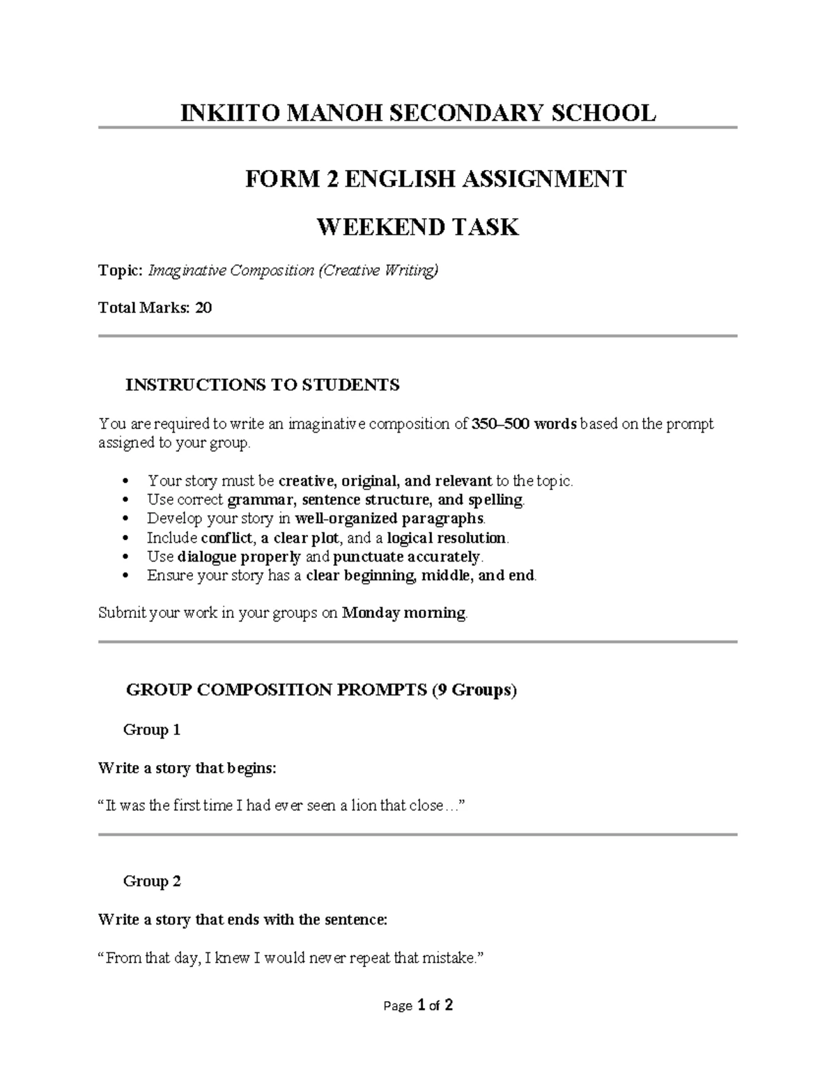 FORM 4 KCSE ENGLISH IMAGINATIVE COMPOSITIONS SAMPLE ASSIGNMENTS 2025 ...