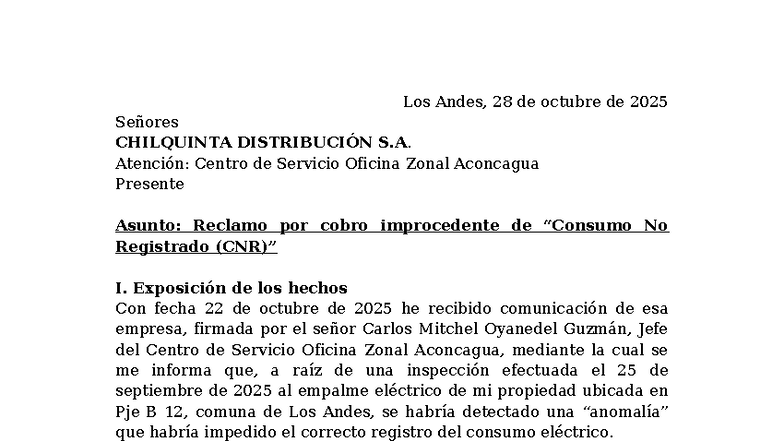 D310-25 Carta de Reclamo por Cobro Improcedente a Chilquinta - Studocu