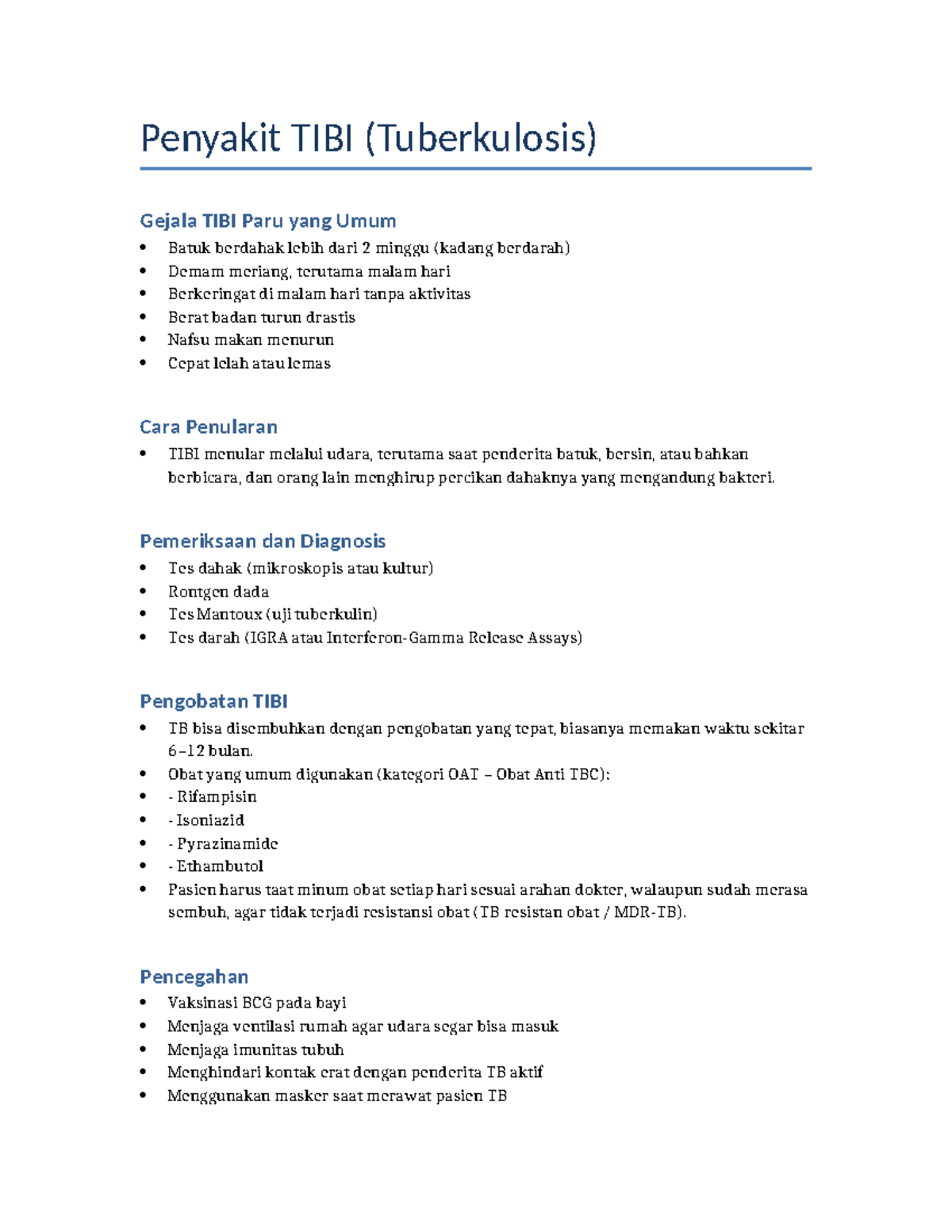 Penyakit TIBI: Gejala, Penularan, Diagnosis, dan Pengobatan - Studocu
