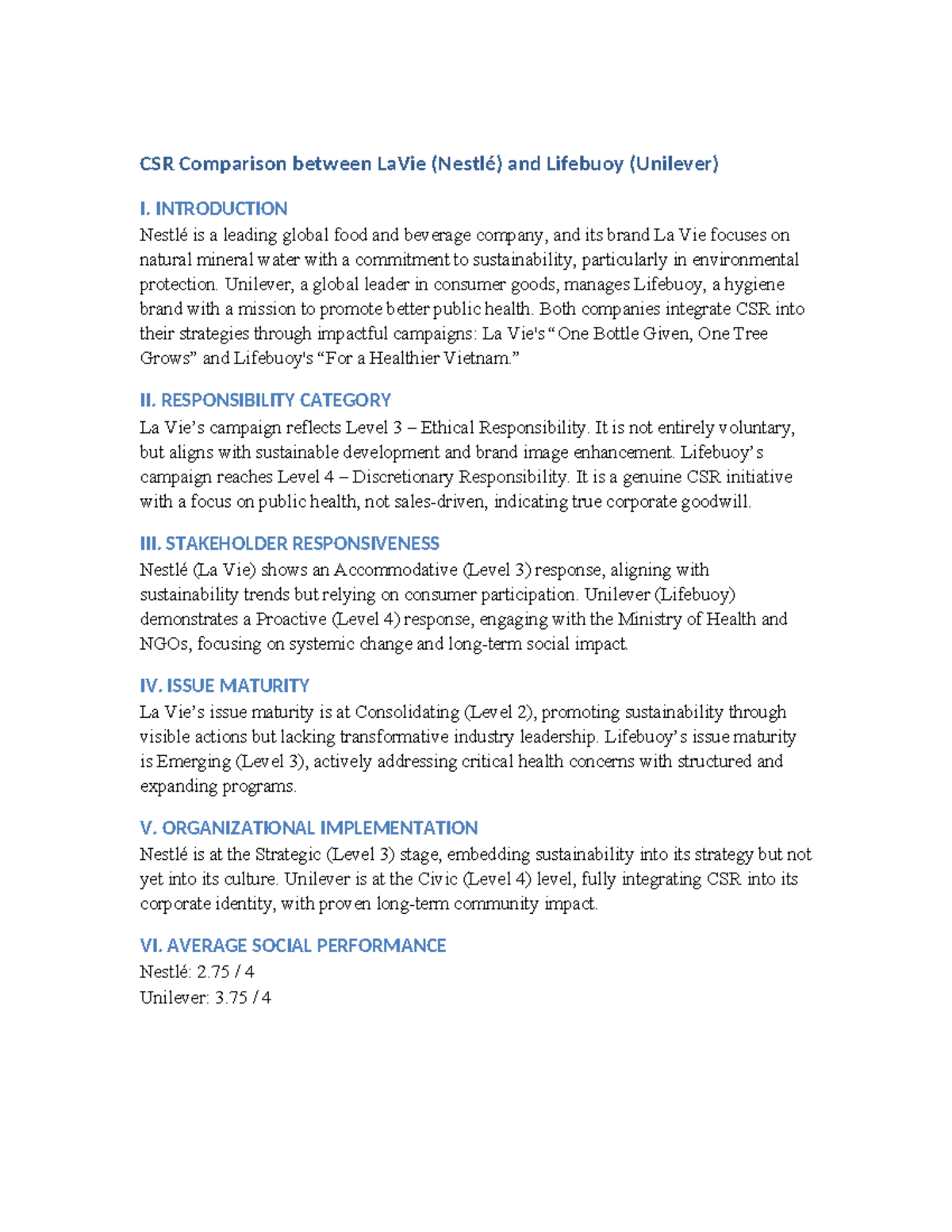 CSR Comparison: La Vie (Nestlé) vs. Lifebuoy (Unilever) Analysis - Studocu