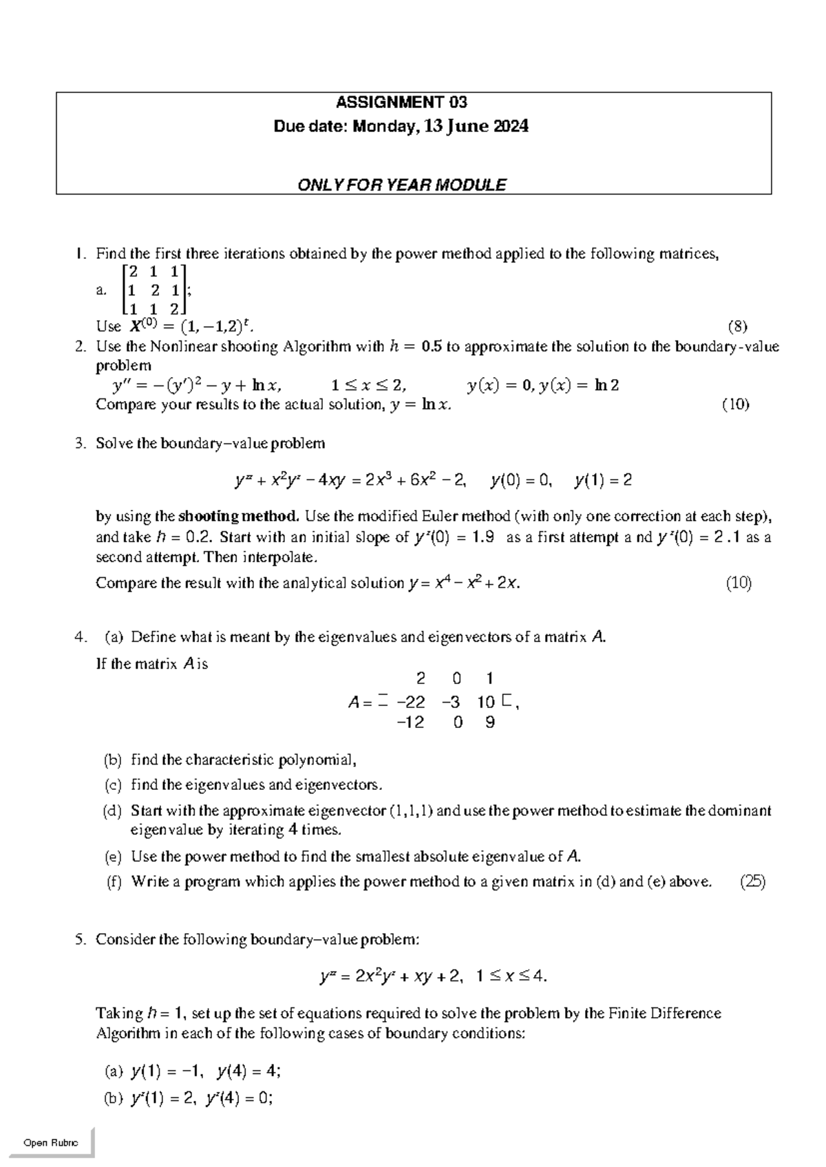 Apm3711 Assignment 03 Power Method And Nonlinear Shooting Algorithm