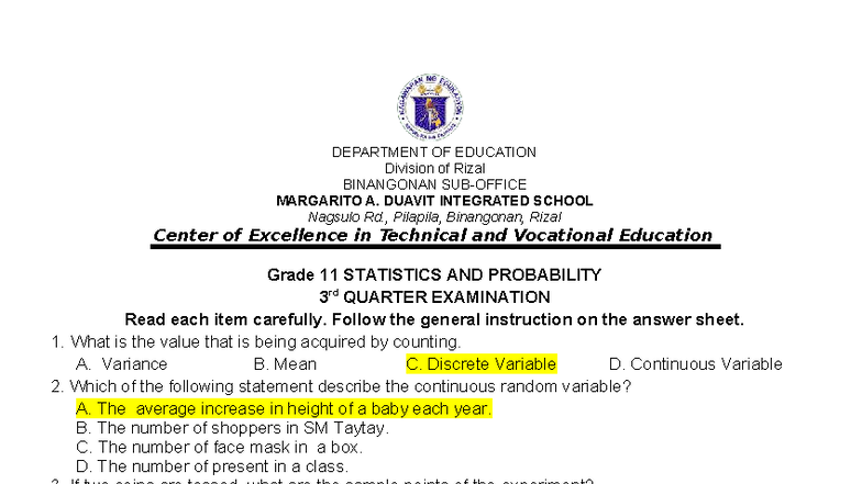 Grade 11 Statistics and Probability 3rd Quarter Exam Answer Key - Studocu