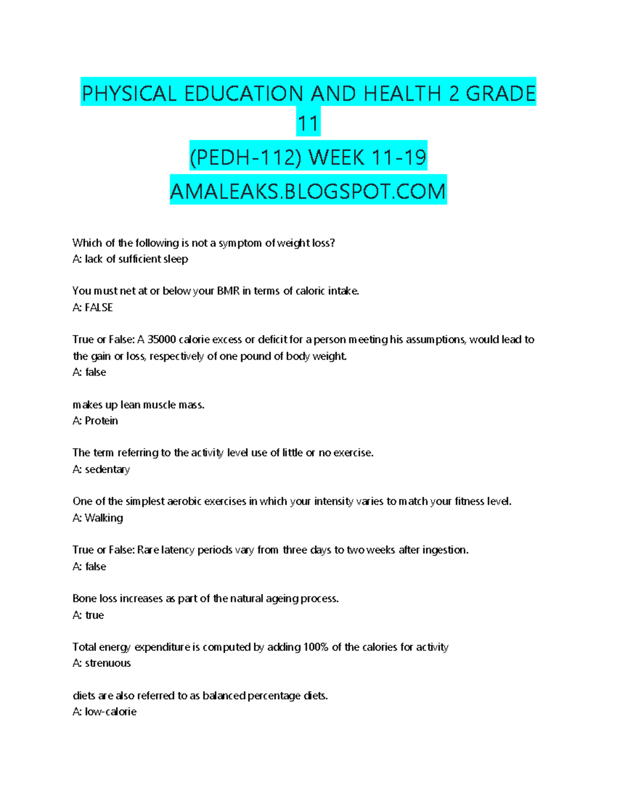 PEDH2112 Grade 11 Physical Education & Health Study Guide - Studocu