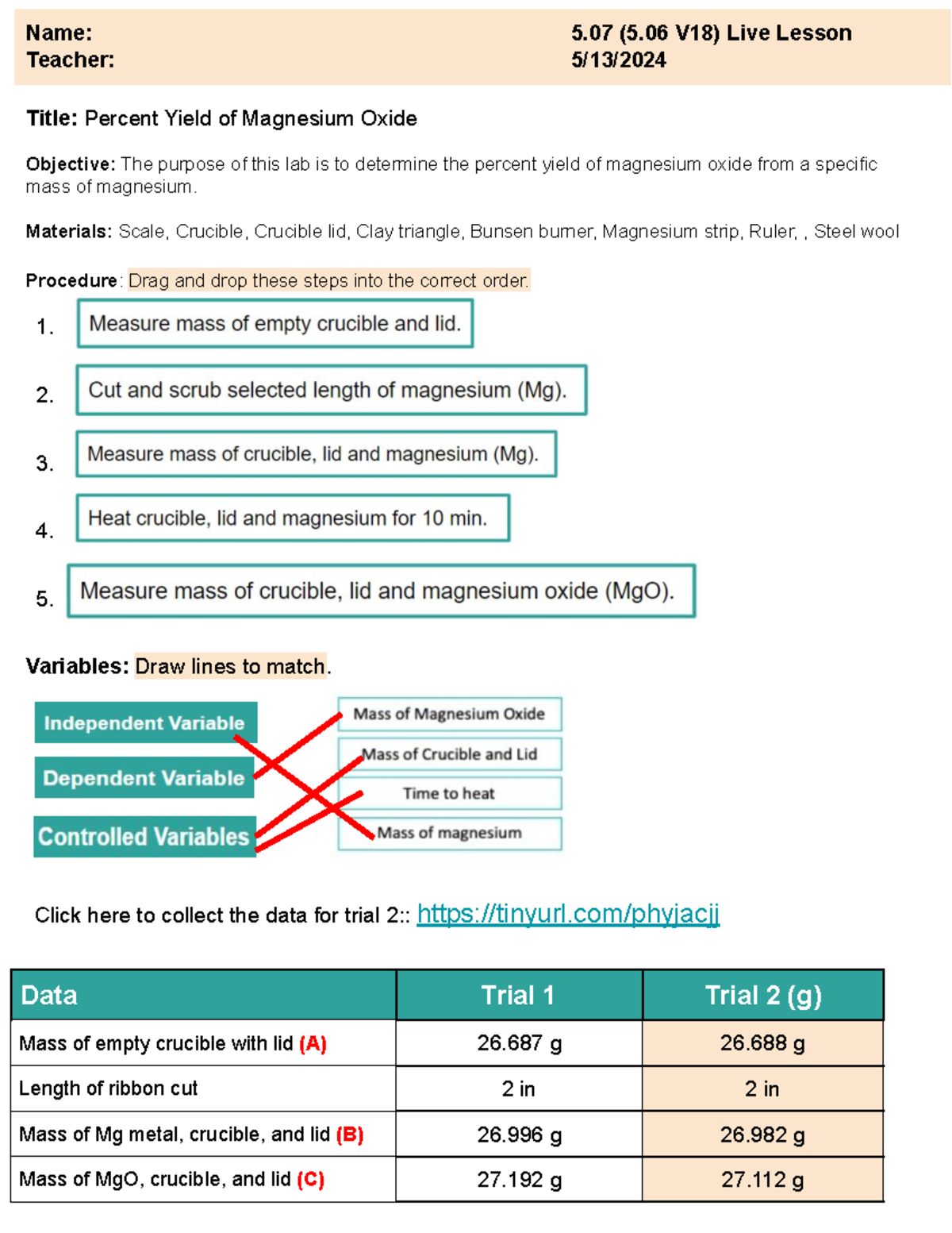 Copy of 5.06 5.07 Percent Yield Completed - Title: Percent Yield of ...