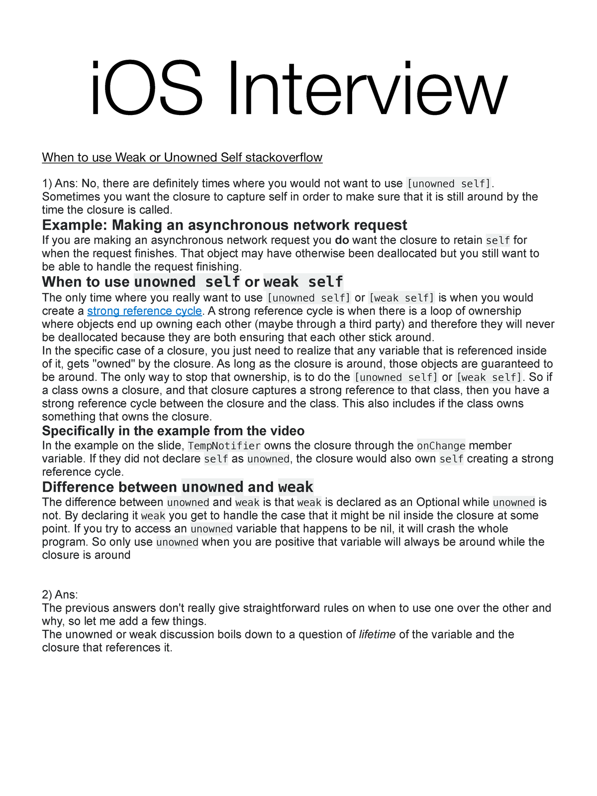 iOS Concepts: Understanding Weak vs Unowned Self in Closures - Studocu
