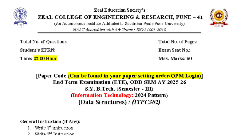 S.Y. B.Tech. (ITPC302) ETE Question Paper Template - 2024 Pattern - Studocu