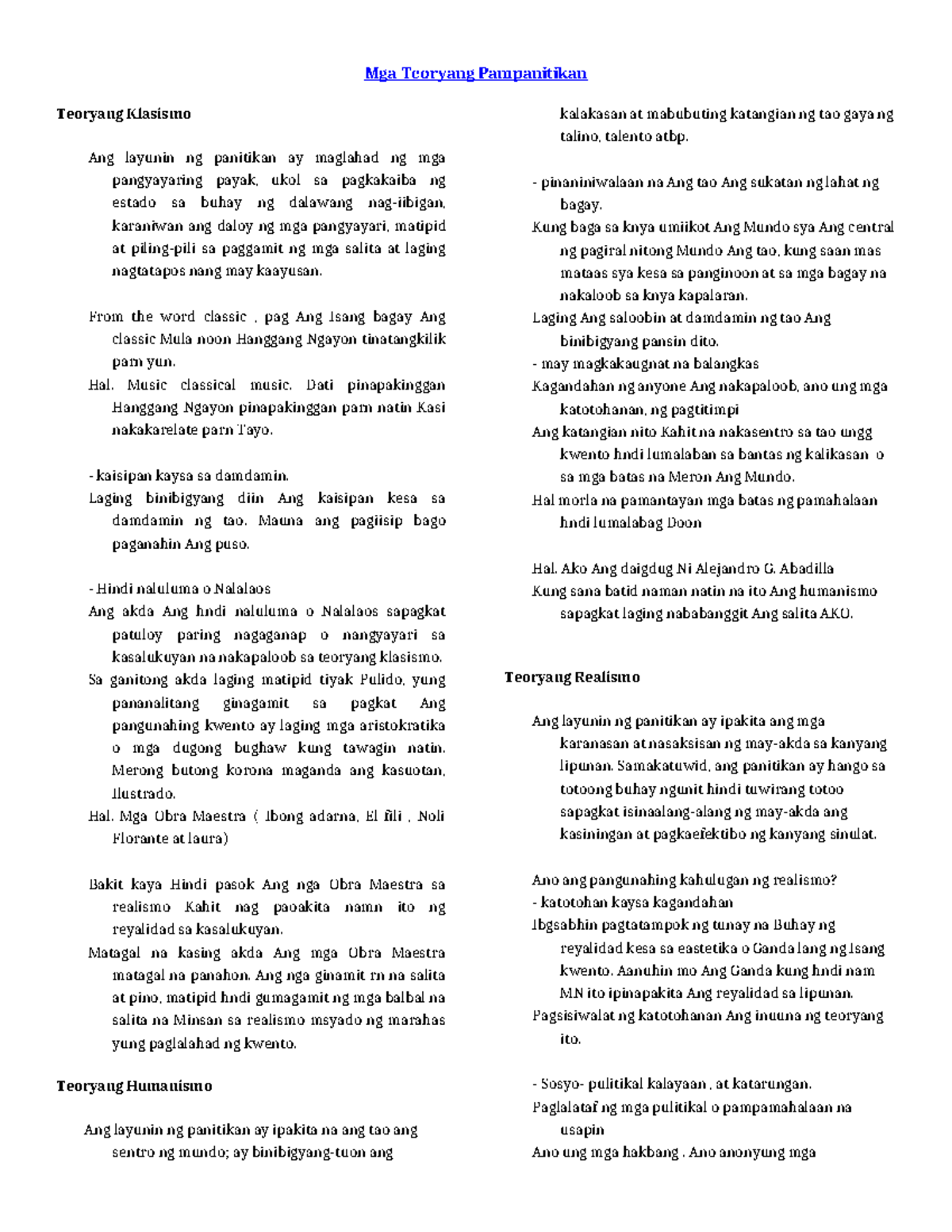 MGA Teoryang Pampanitikan: Klasismo, Humanismo, Realismo at Iba Pa ...