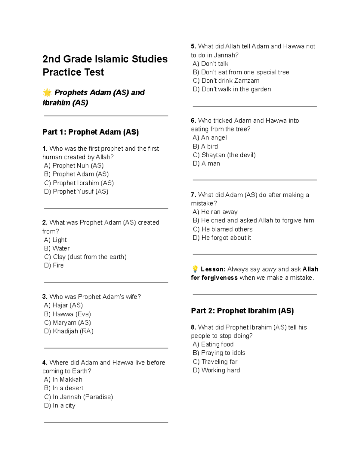 2nd Grade Islamic Studies Practice Test: Prophets Adam (AS) & Ibrahim ...