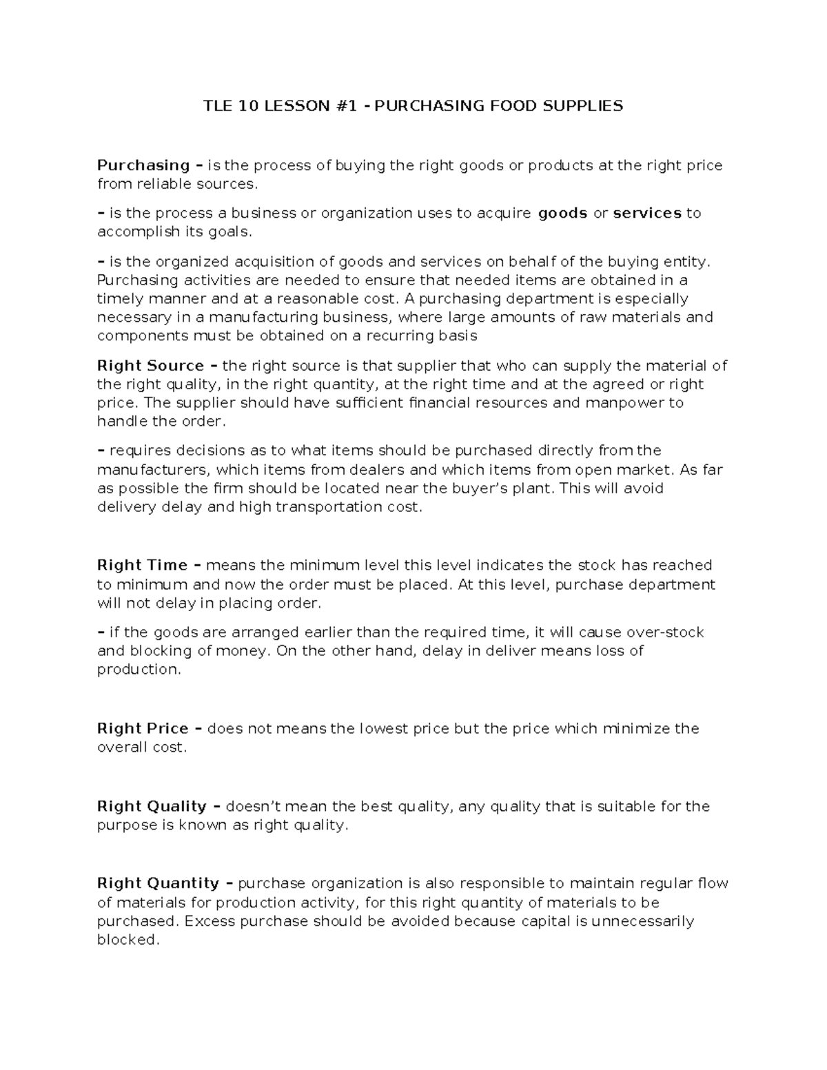 TLE 10 Lesson 1: Guidelines for Purchasing Food Supplies - Studocu