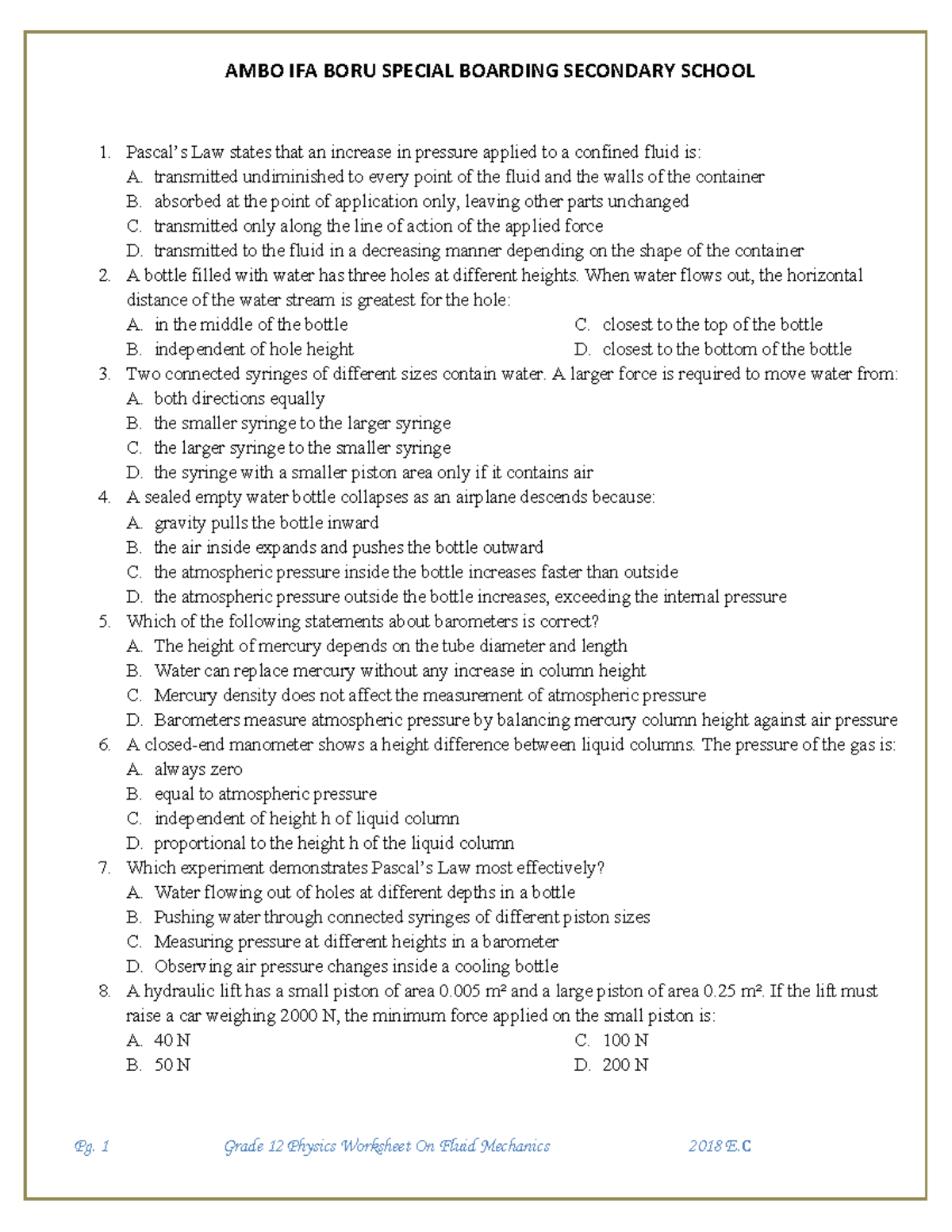 Grade 12 Physics Worksheet on Fluid Mechanics (Phy G-12) - Studocu