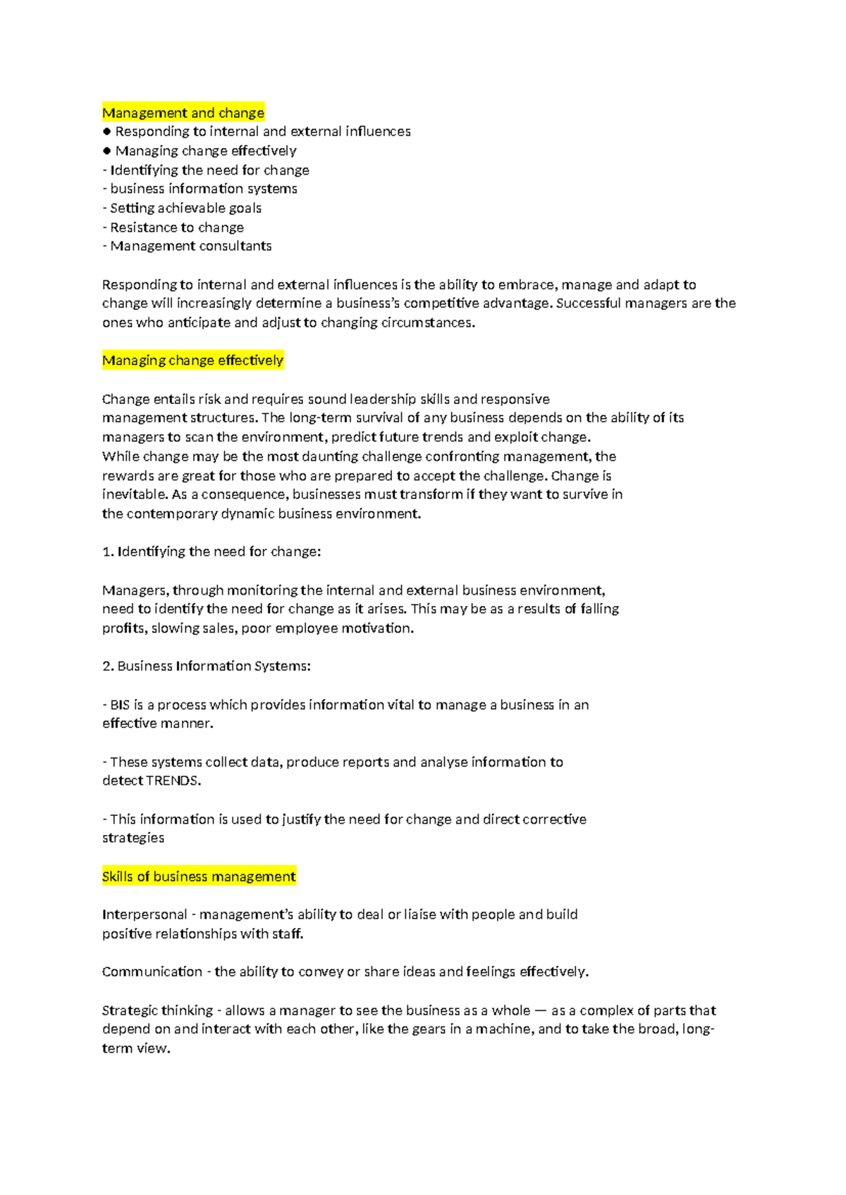 Business Studies Topic 2 Notes (Year 11) - Management & Change - Studocu