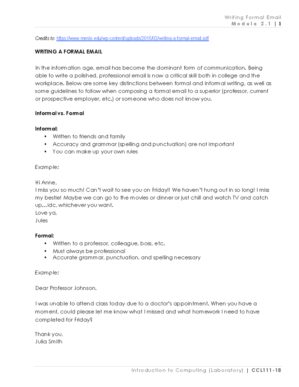 Writing a Formal Email: Guidelines for CCL111-18 Lab Module - Studocu