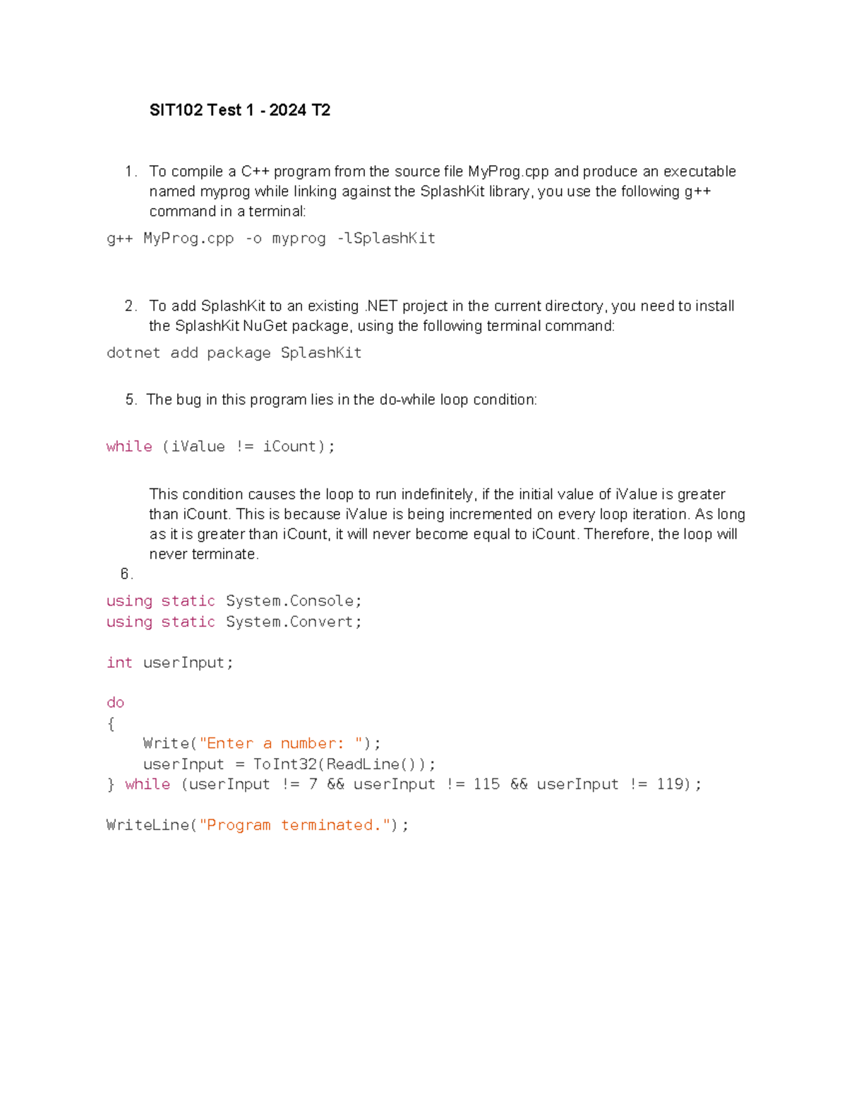 SIT102 Test 1 Practice Questions & C++ Code Concepts - 2024 T2 - Studocu