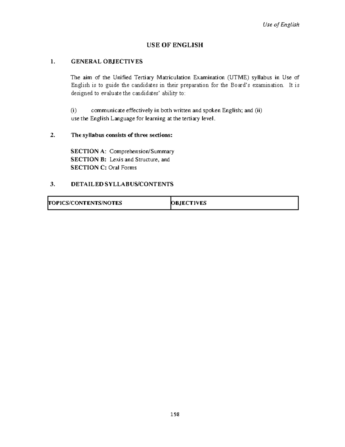 Use of English Syllabus for UTME Preparation - Studocu