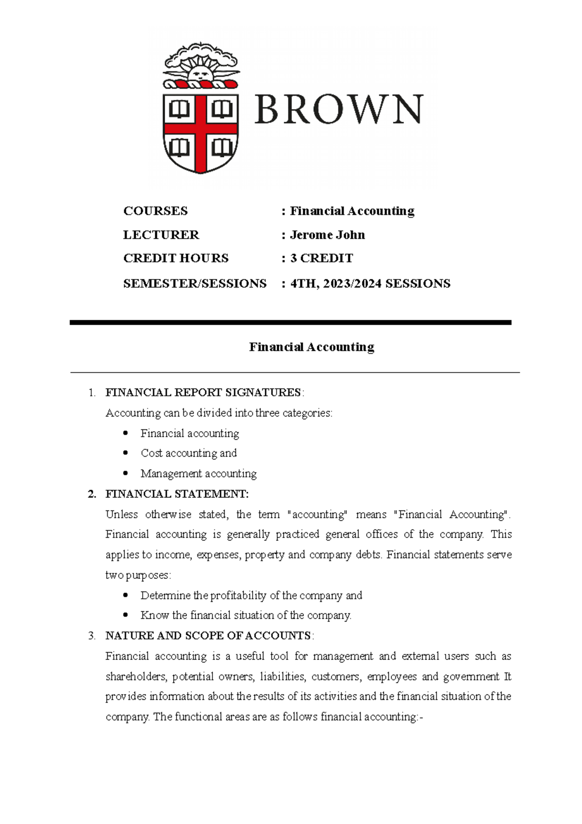 UNIT I: Intro to Financial Accounting - FA101, 4th Sem, 2023/24 - Studocu