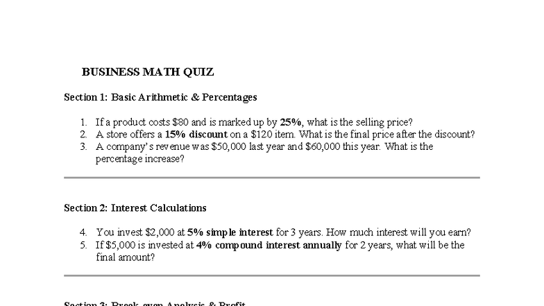 🔢 Business MATH QUIZ 🔢 - quiz - 🔢 BUSINESS MATH QUIZ 🔢 Section 1: Basic ...
