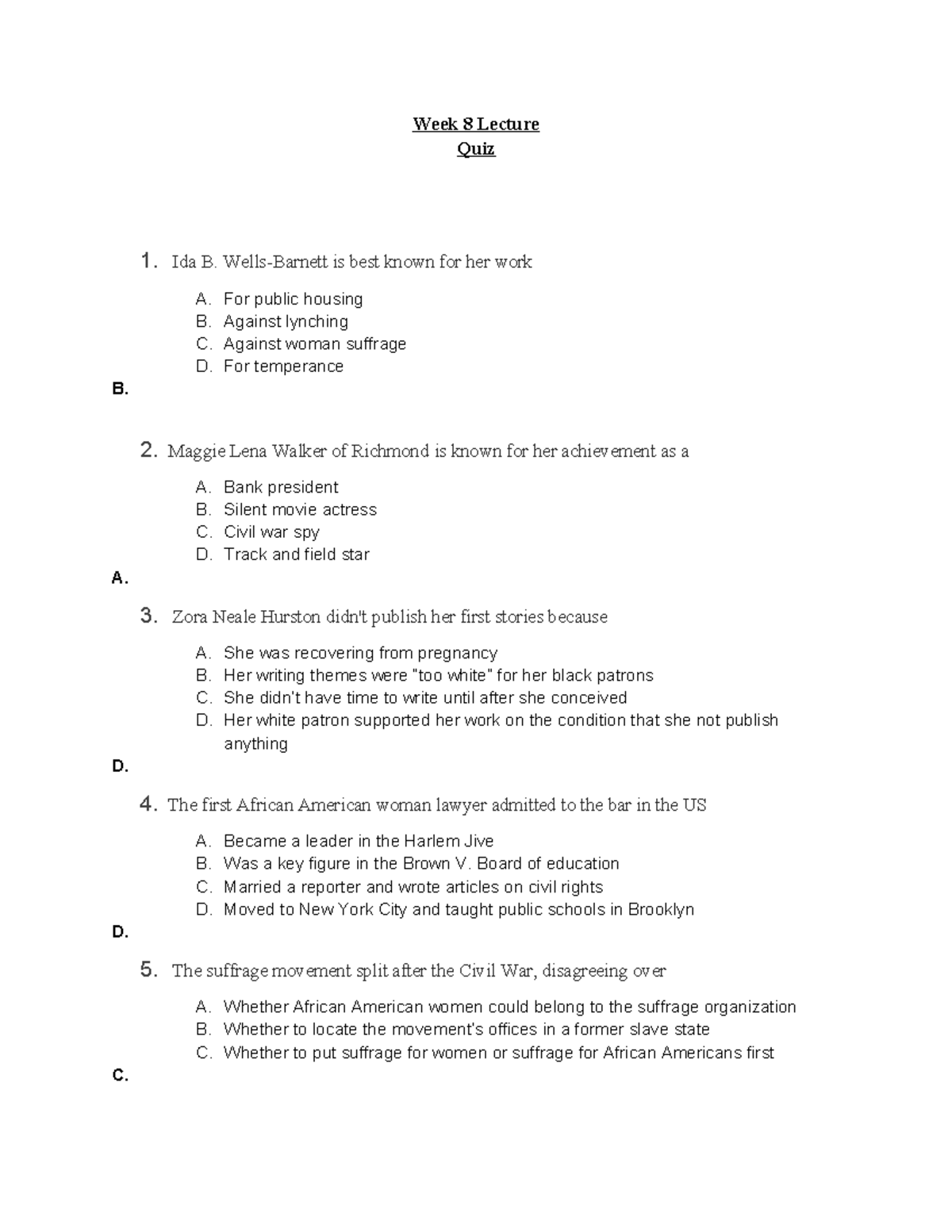 Week 8 Lecture Quiz: Key Figures and Events in African American History ...