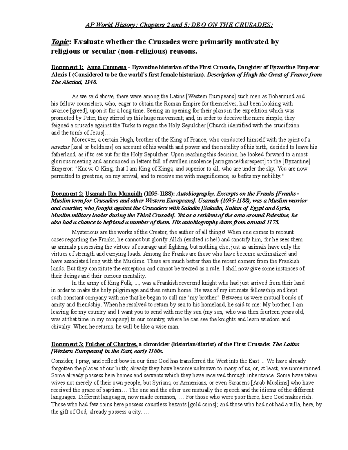 APWH Ch. 2 & 5: DBQ on the Crusades - Religious vs Secular Motives - AP ...
