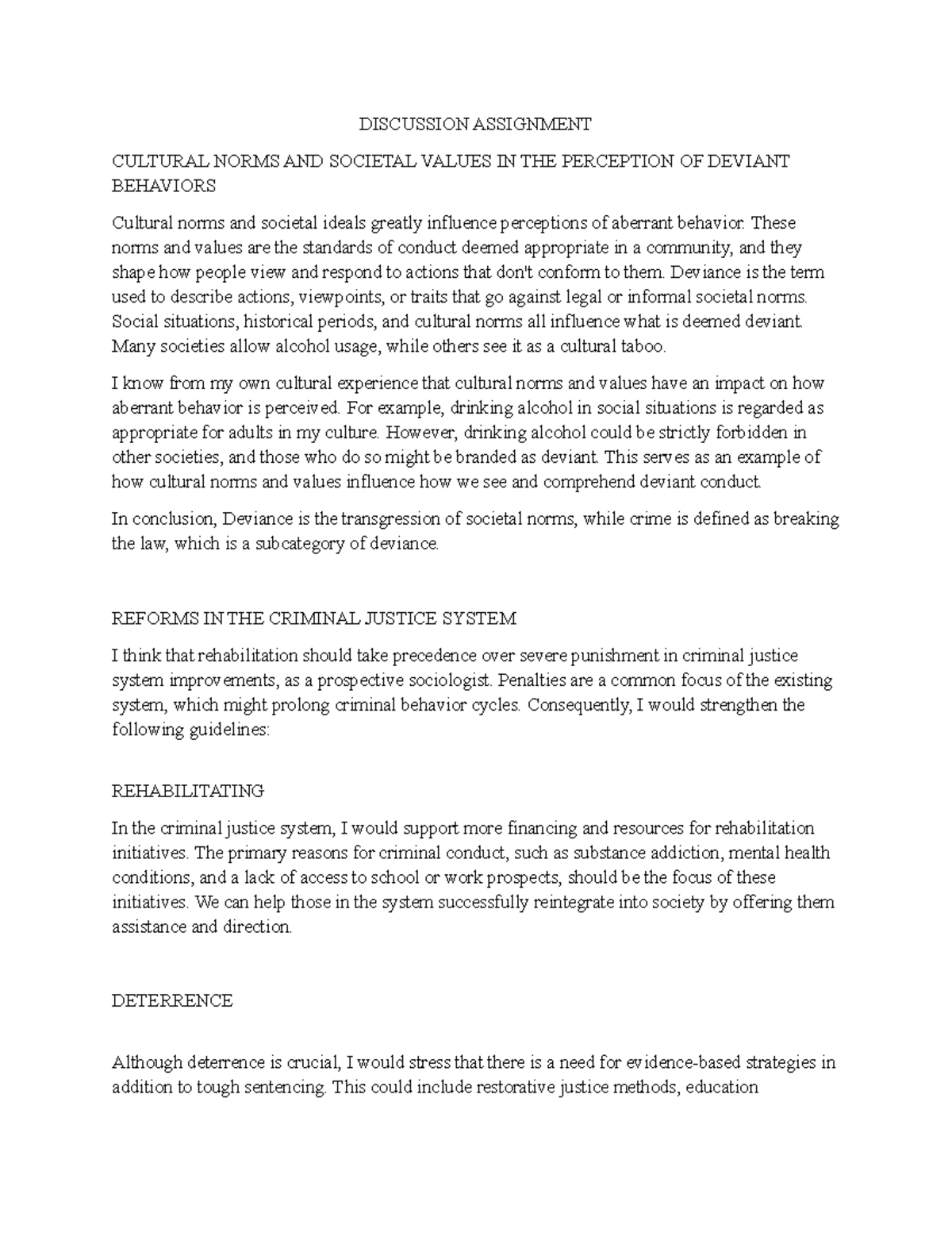 Discussion Assignment: Cultural Norms & Deviance - Unit 3 SOC - Studocu