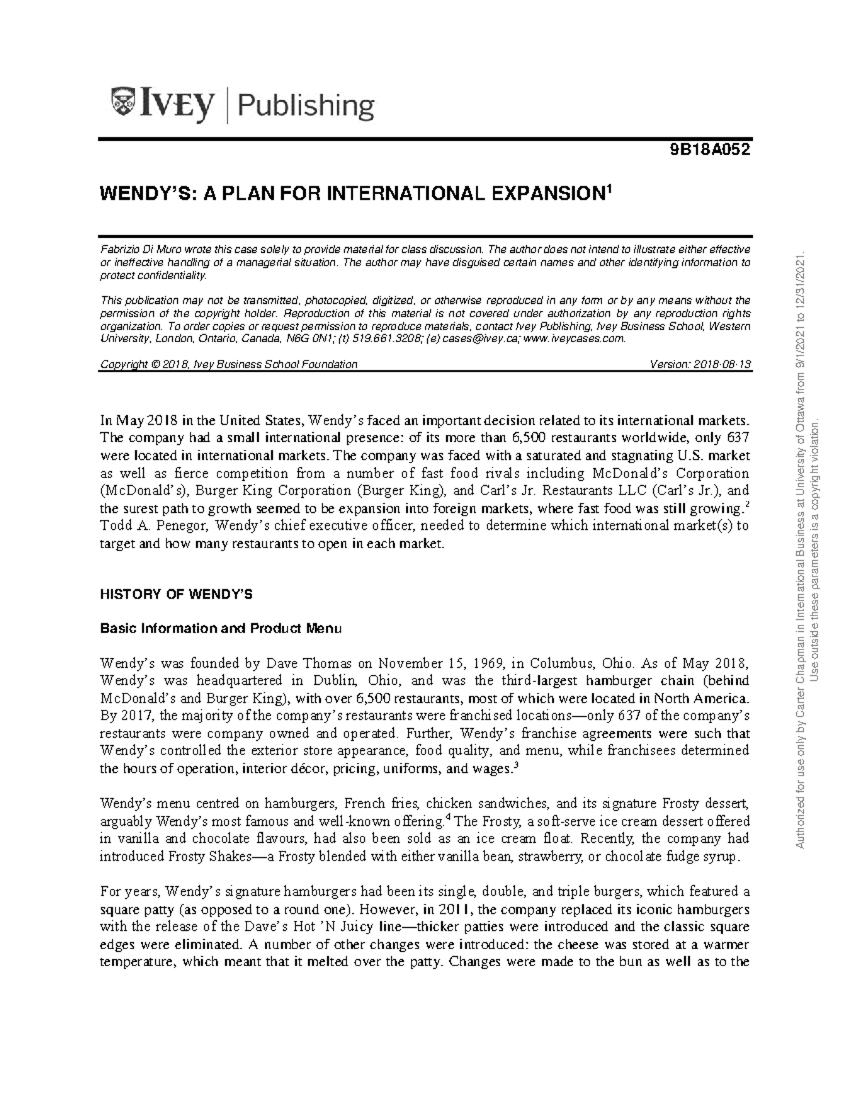 WENDY'S 9B18A: Case Study on International Expansion Plans - Studocu