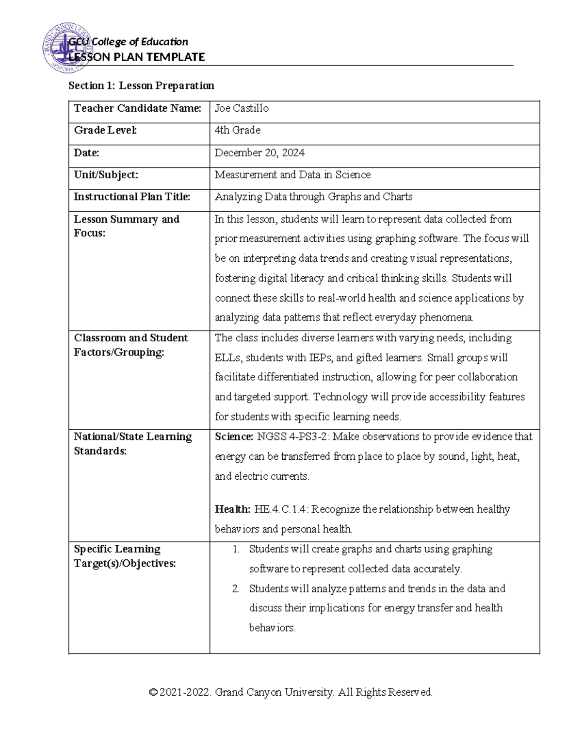ELM 570 - Science Lesson Plan: Analyzing Data with Graphs - Studocu