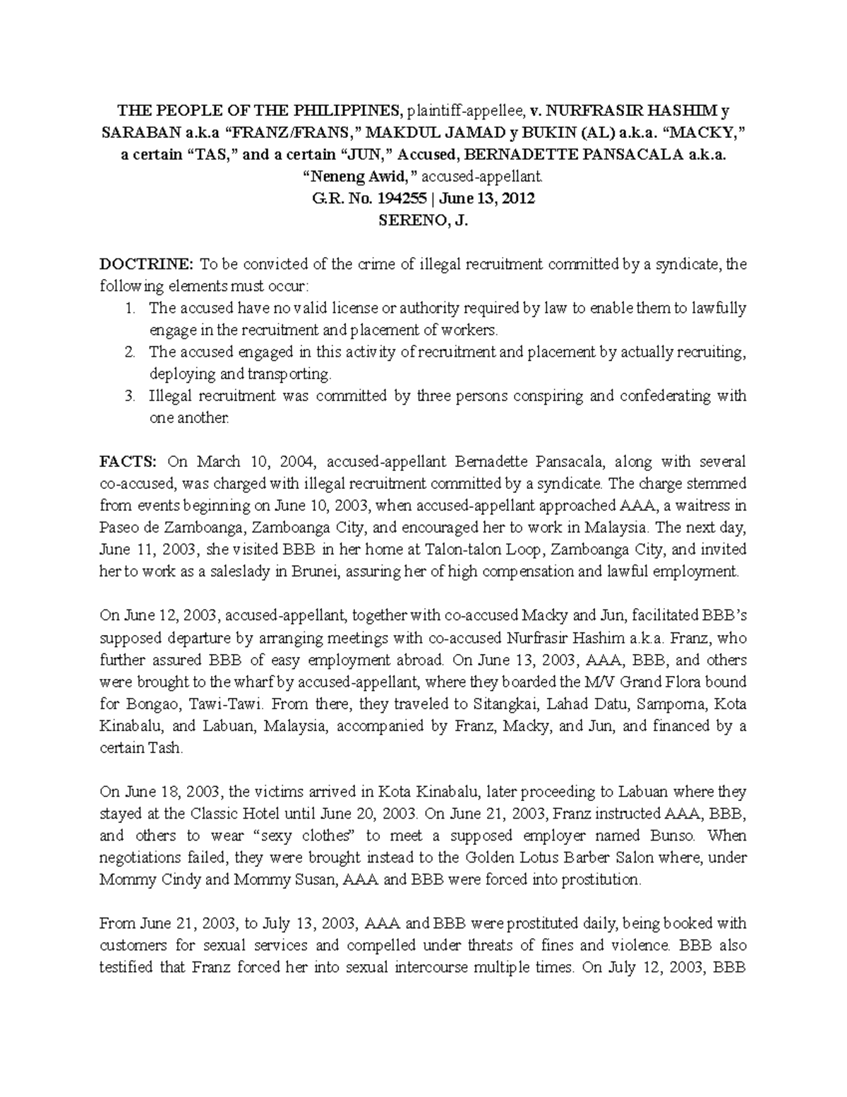 People v. Hashim: Digest on Illegal Recruitment Case (G.R. No. 194255 ...