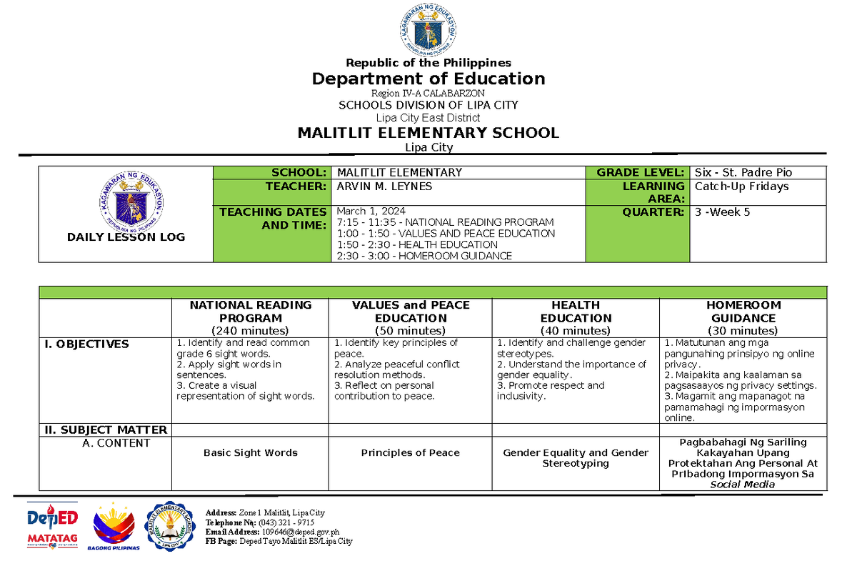 DLL Catch-Up Fridays - Grade 6 Activities and Lesson Plans - Studocu